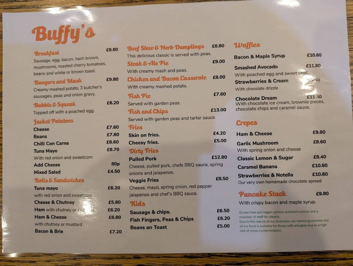 Menu at Buffy's restaurant, Bude