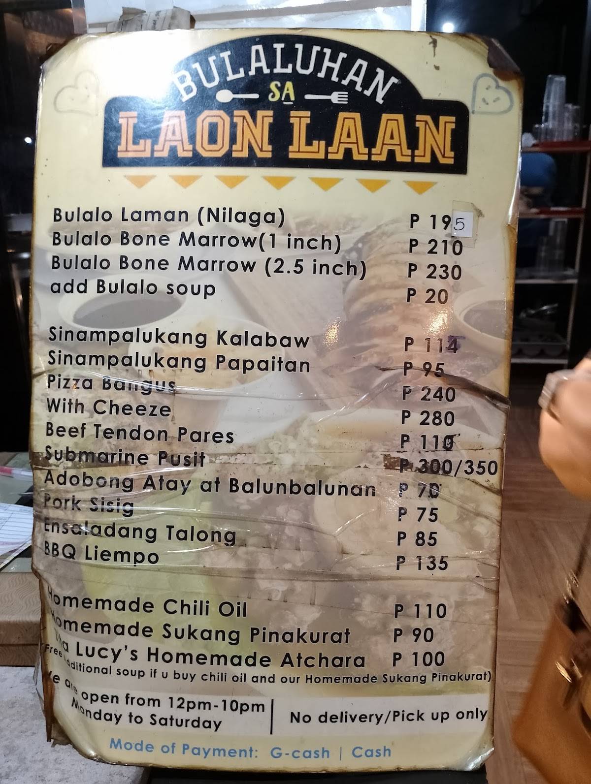 Menu at Bulaluhan Sa Laon laan restaurant, Manila