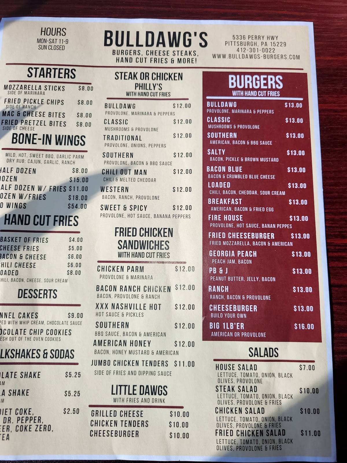 Menu at BullDawg's Burgers restaurant, West View, Perry Hwy
