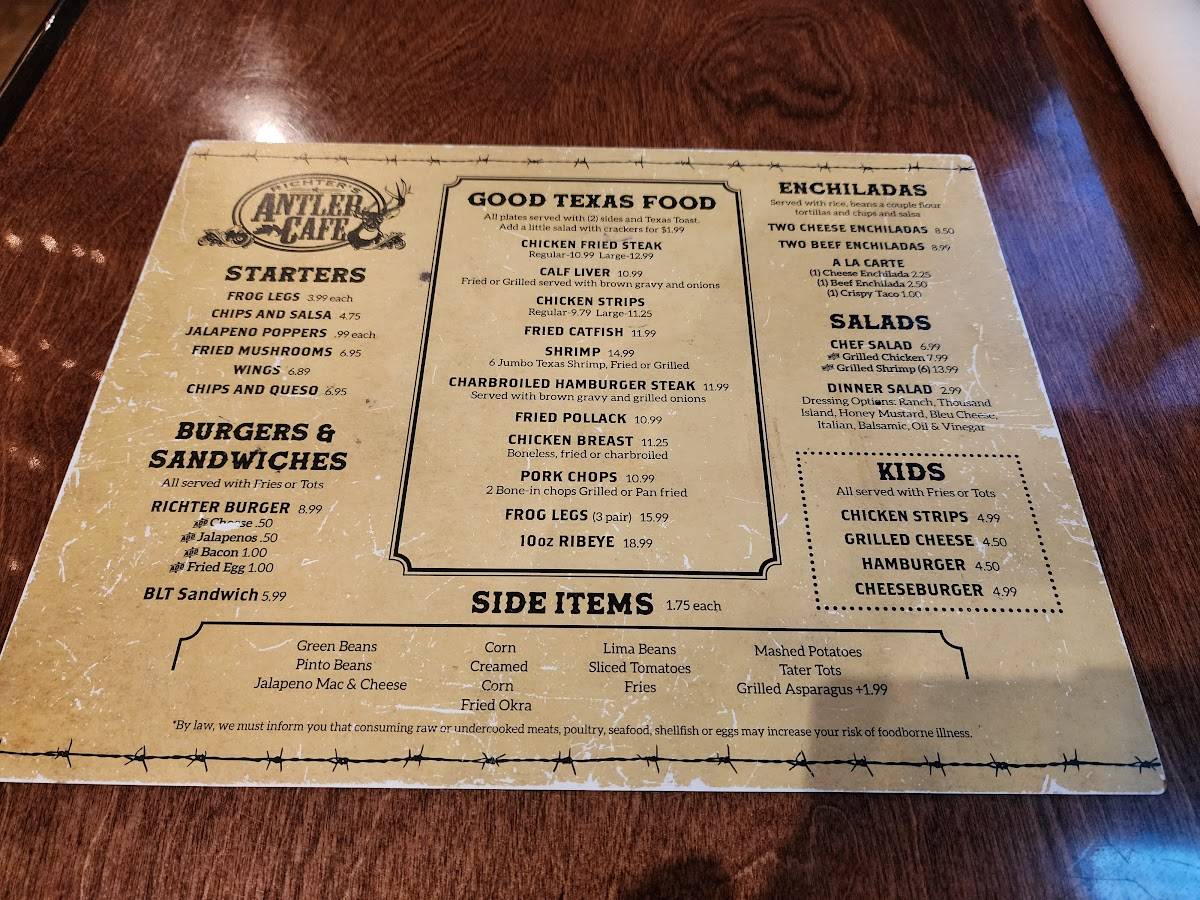Menu at Richter's Antler Cafe, Spring Branch