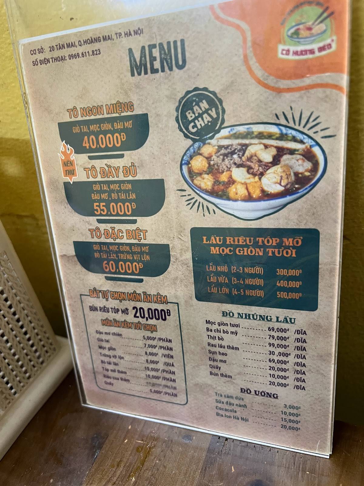Menu at Bún Riêu Tóp Mỡ Mọc Giòn Cô Hương Béo - 20 Tân Mai restaurant ...