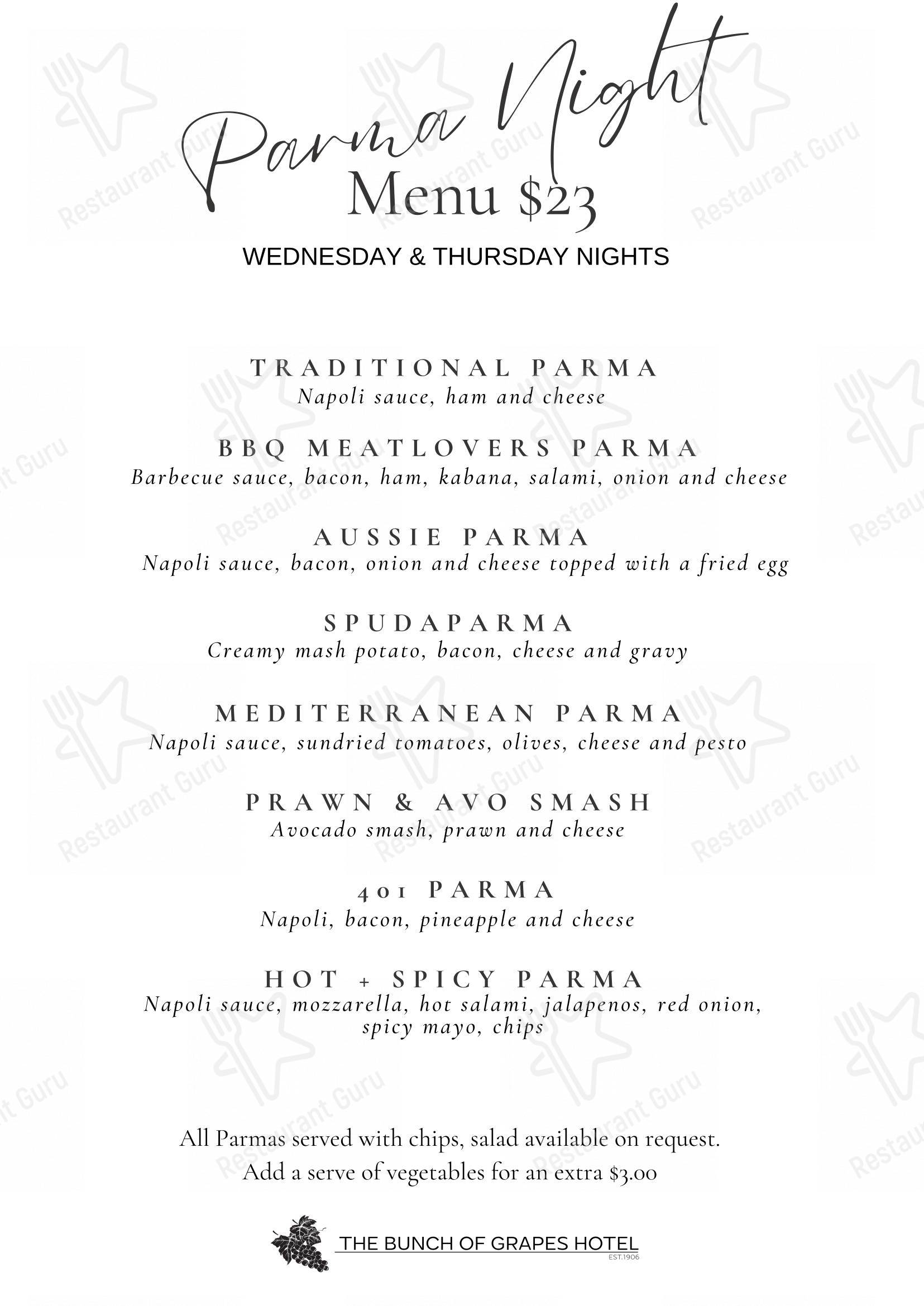 Menu at Bunch of Grapes Hotel restaurant, Ballarat Central