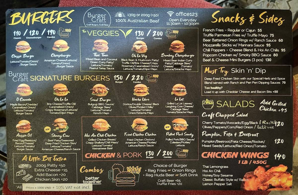 Menu at Burger Craft restaurant, Hoi An, 639 Đ. Hai Bà Trưng