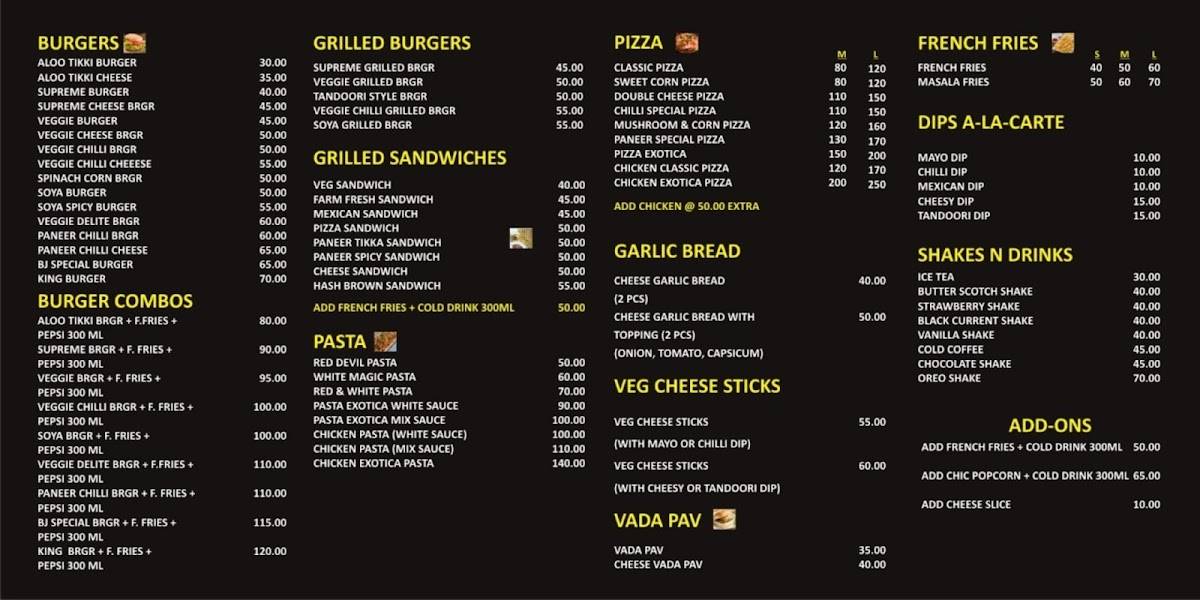 Menu at Burger Junction, Delhi, E-15/144-145