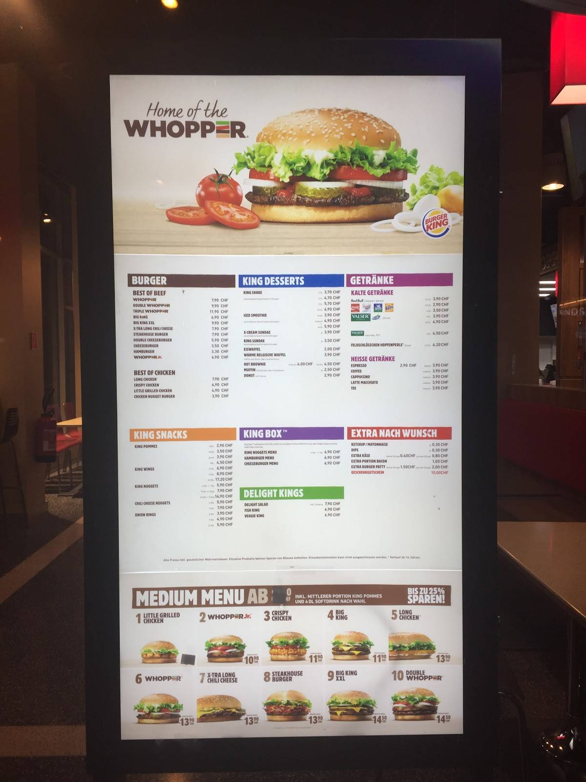 Carta de Burger King, Biel/Bienne, Bahnhofstrasse 1