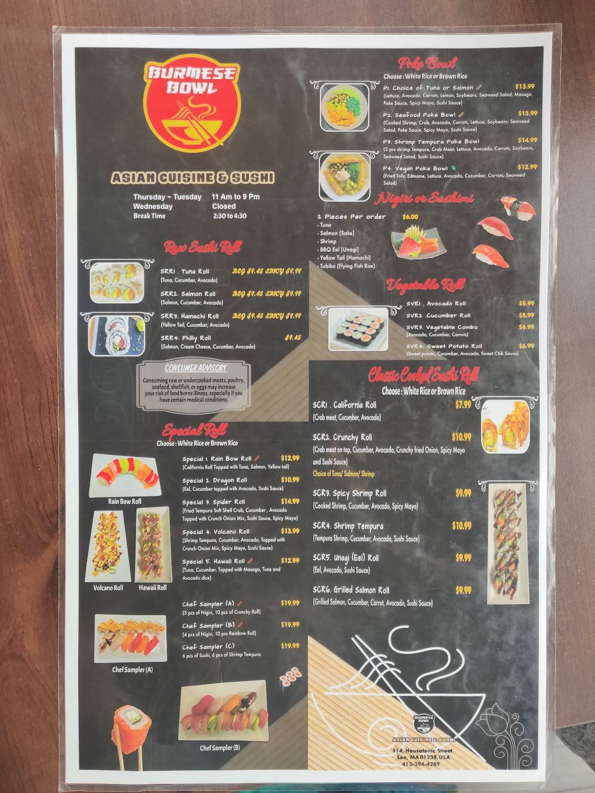 Menu at Burmese Bowl restaurant, Lee