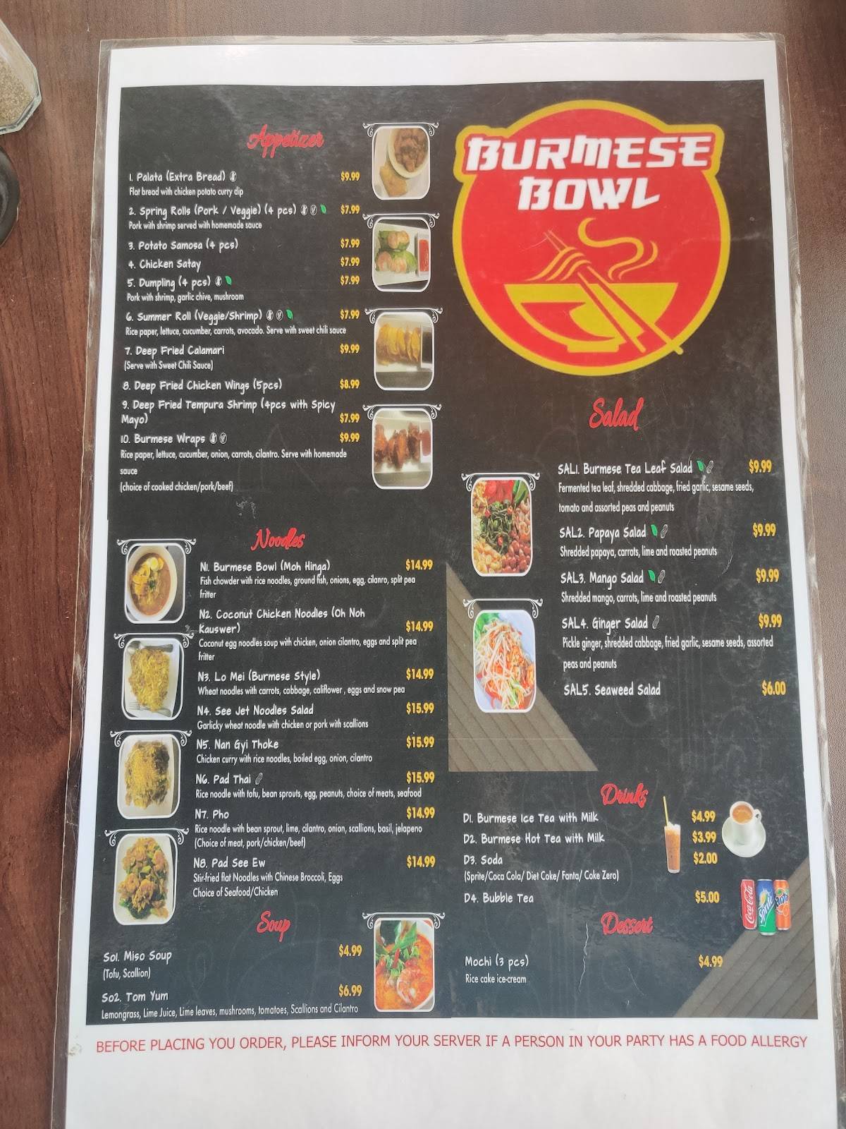 Menu at Burmese Bowl restaurant, Lee