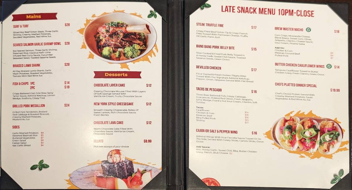 Menu at Admiral Pub, Burnaby