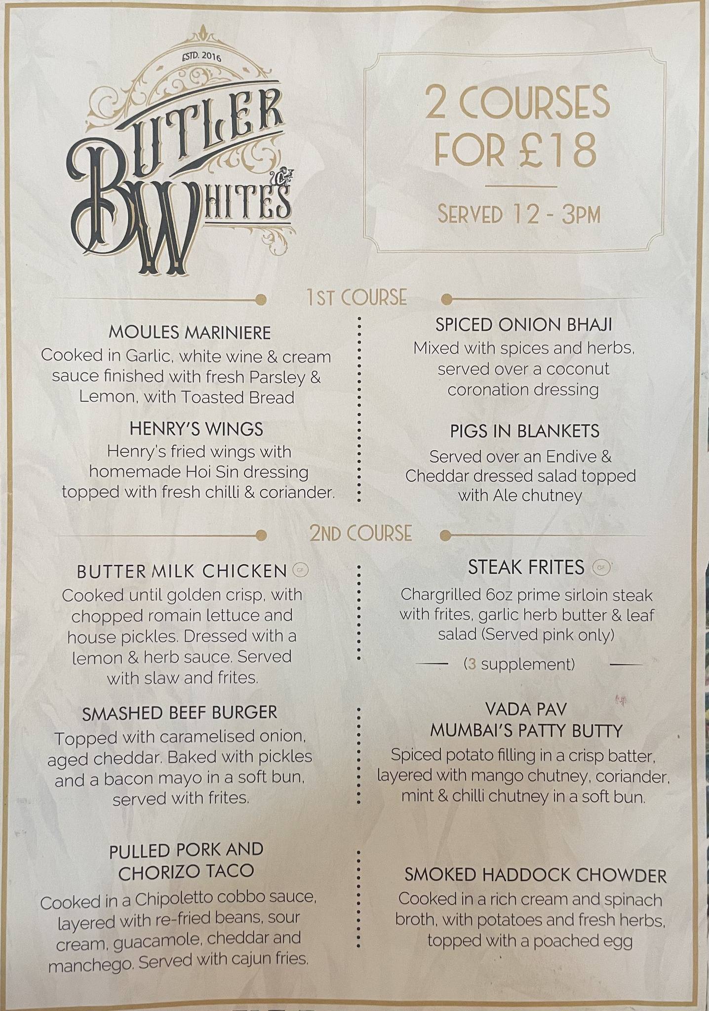 Menu at Butler Whites restaurant, Hull