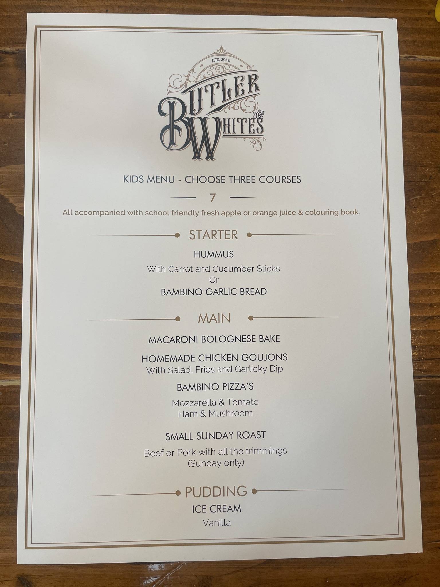 Menu at Butler Whites restaurant, Hull
