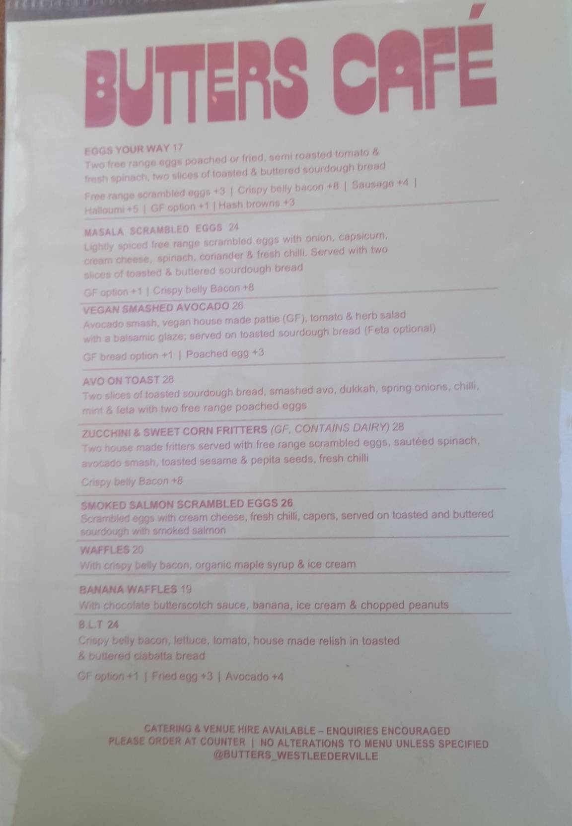 Menu at Butters West Leederville cafe, West Leederville