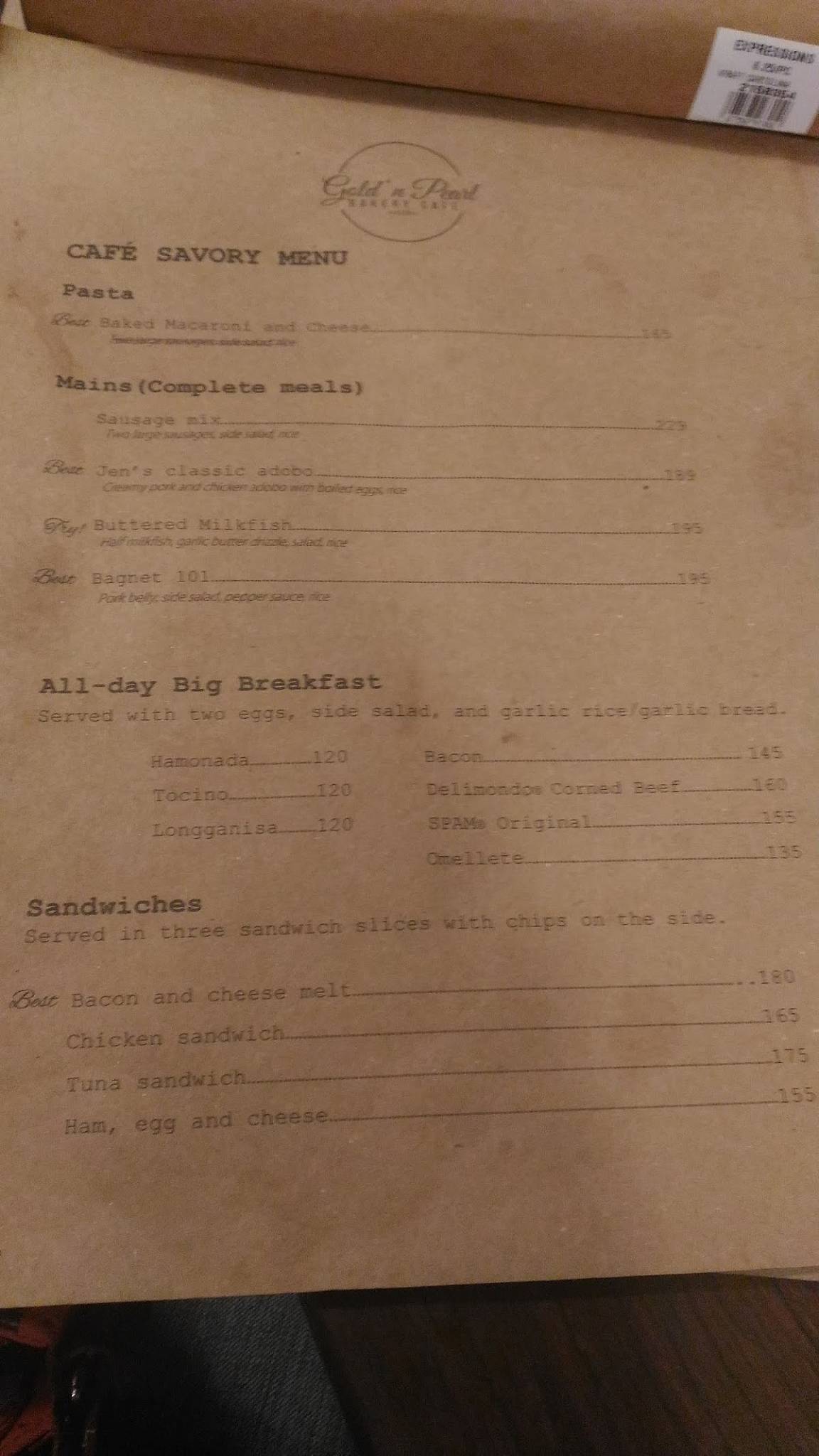 Menu at Gold 'n Pearl Bakery Cafe, Butuan City, Ester Luna St