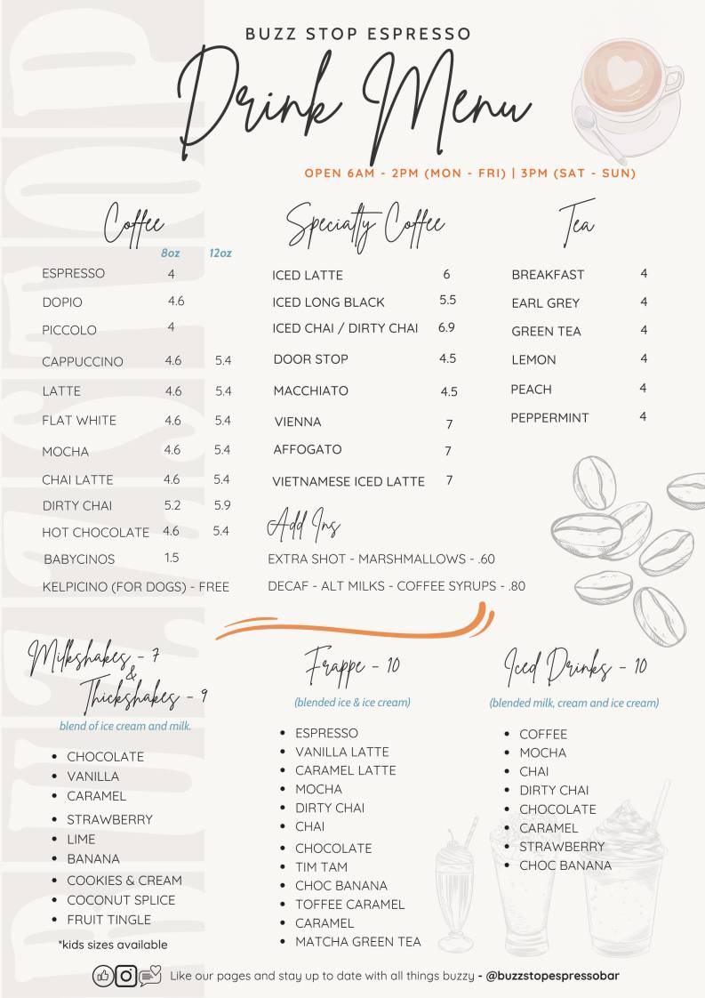 Menu at Buzz Stop Espresso Bar, Samford Village