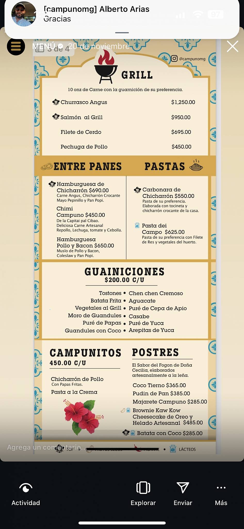 Menu at CAMPUNO restaurant, Santiago De Los Caballeros