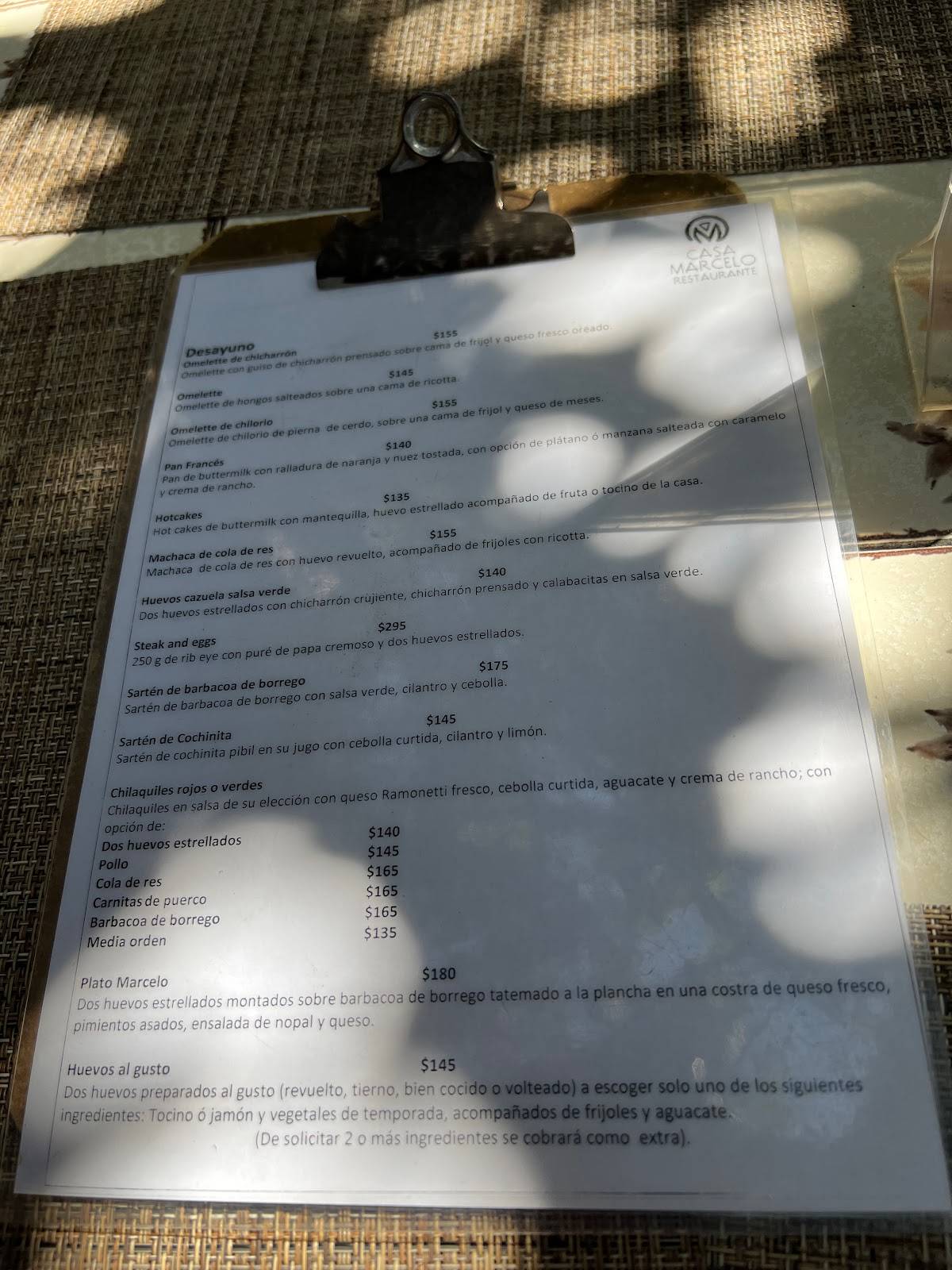 Carta del restaurante Casa Marcelo, Ensenada