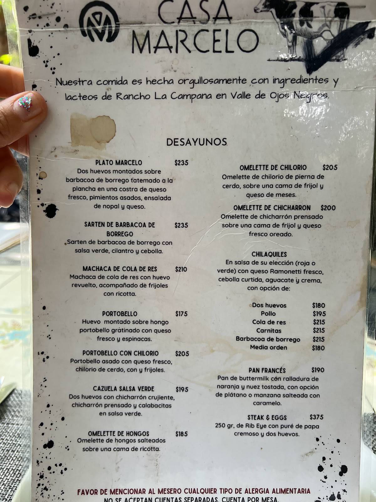 Carta del restaurante Casa Marcelo, Ensenada