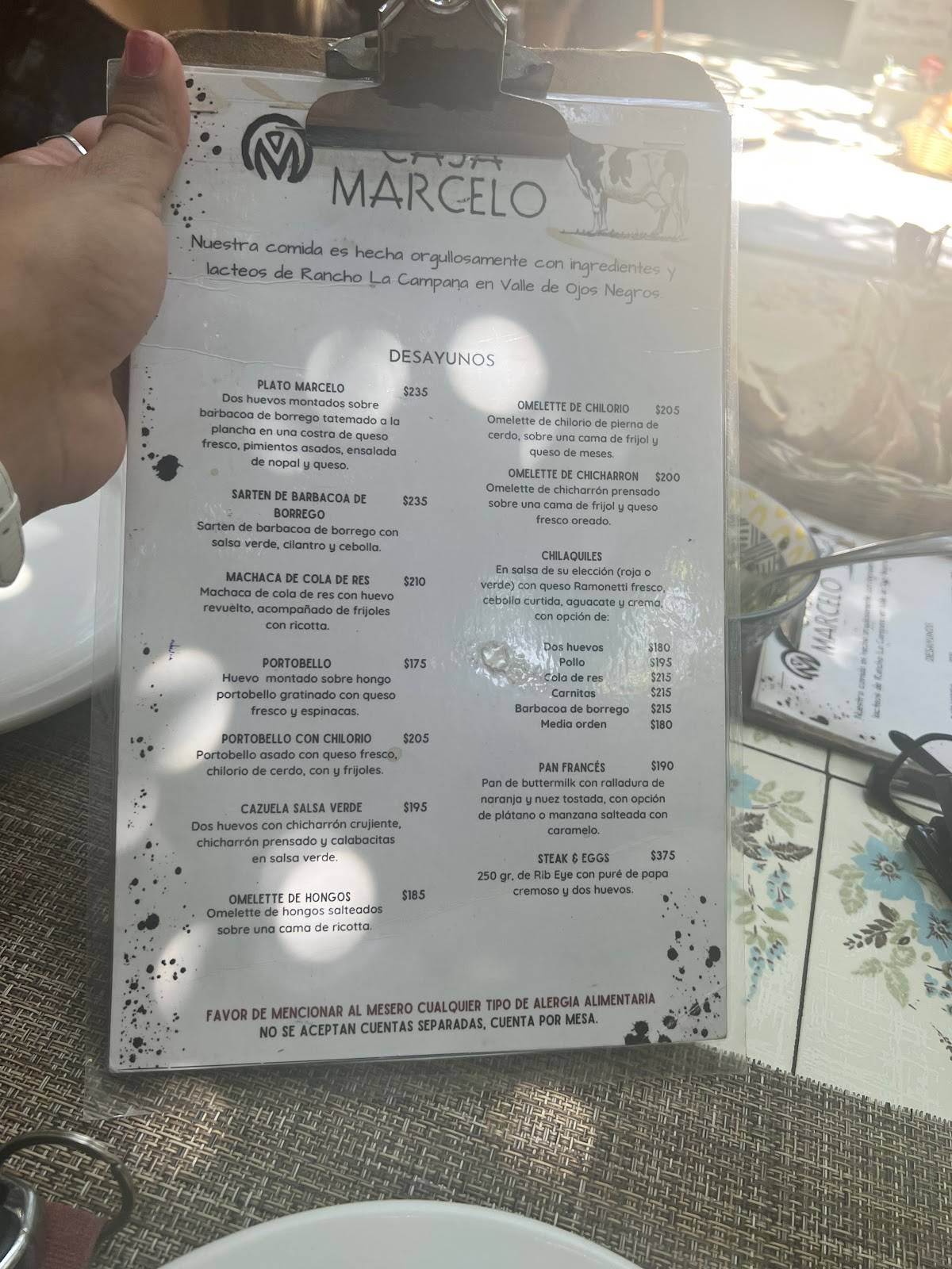 Carta del restaurante Casa Marcelo, Ensenada