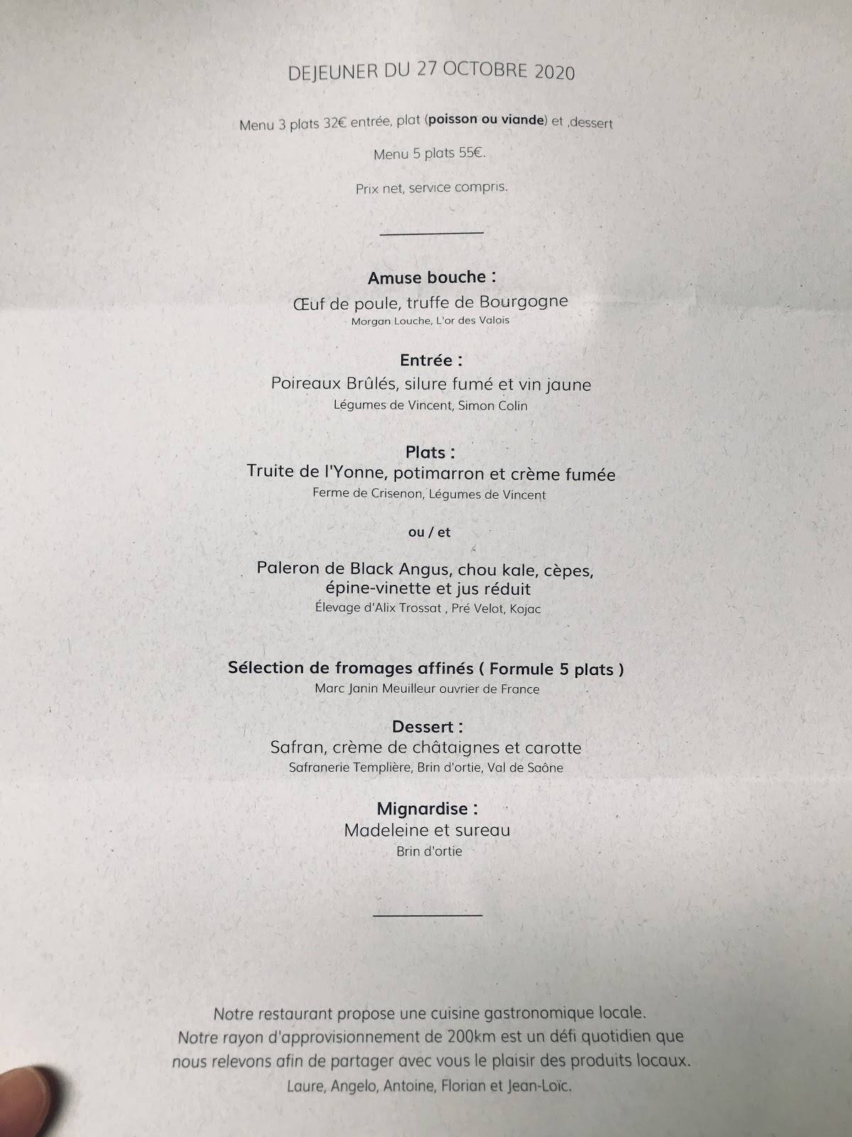 Menu au CIBO restaurant gastronomique à Dijon, Dijon