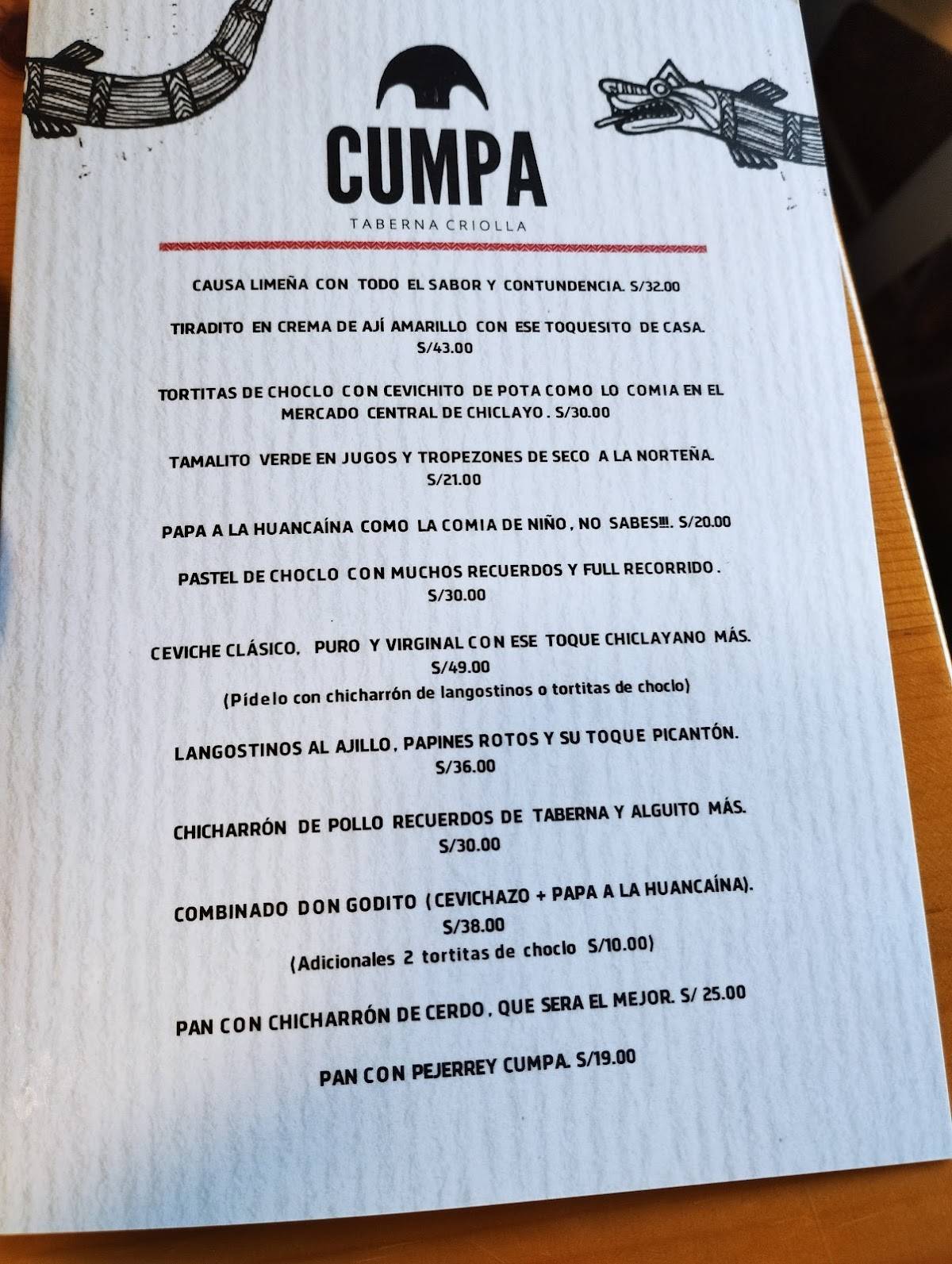 Carta del restaurante CUMPA taberna criolla, Lima