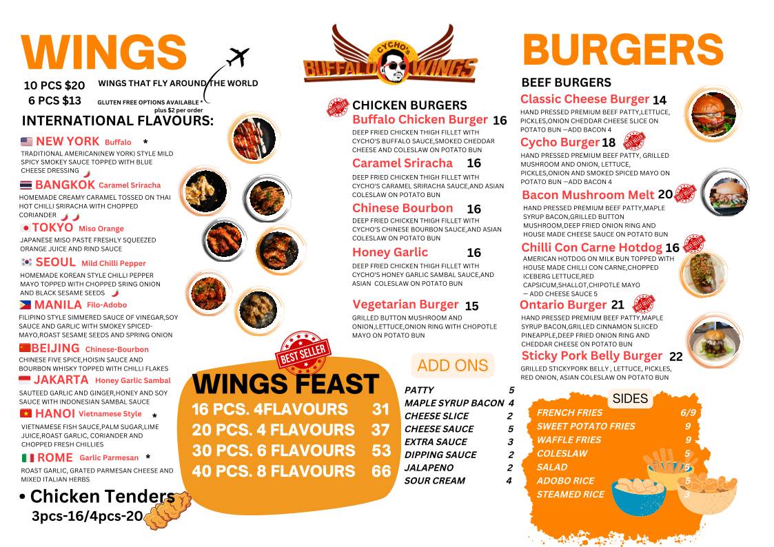 Menu at CYCHO'S BUFFALO WINGS - SMITH COLLECTIVE restaurant, Southport