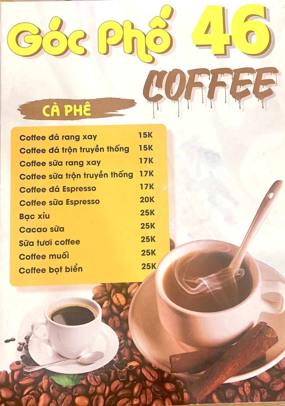 Menu at Cà Phê Góc Phố 46 pub & bar, Vietnam