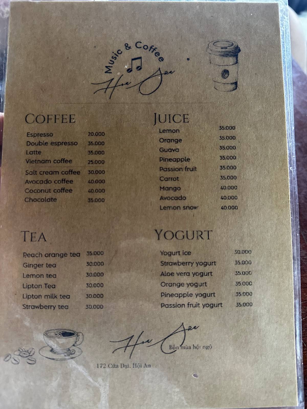 Menu at Cà phê Hoa Sữa, Hoi An