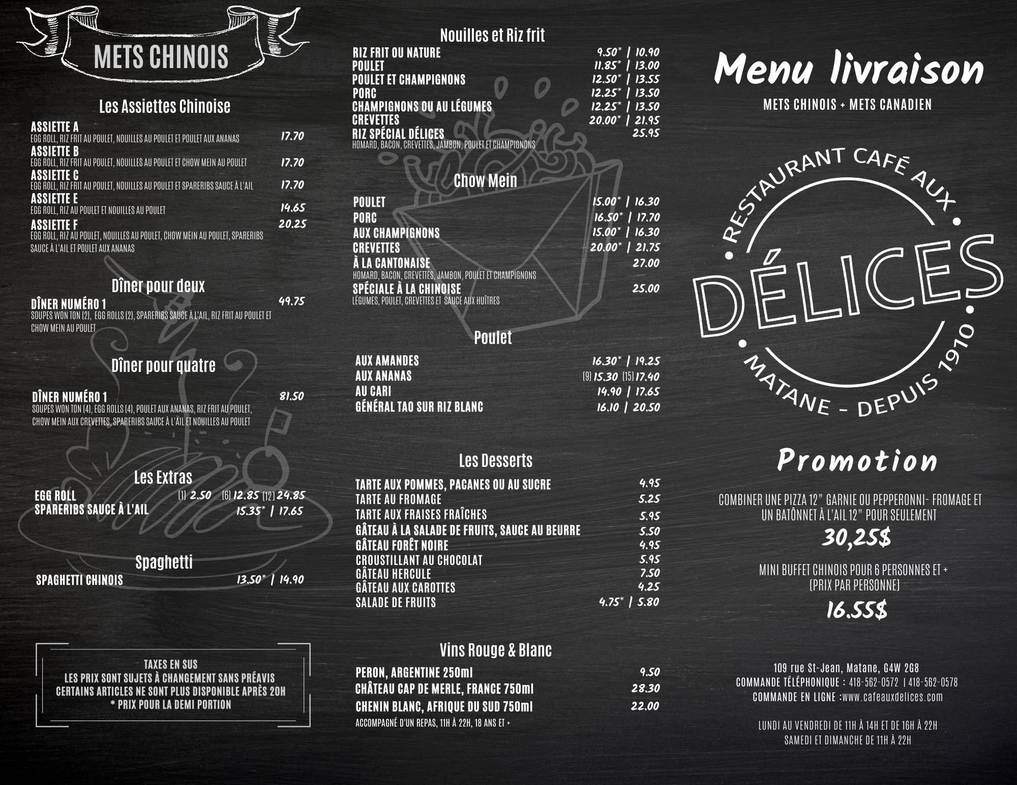 Menu au Café aux Délices, Matane