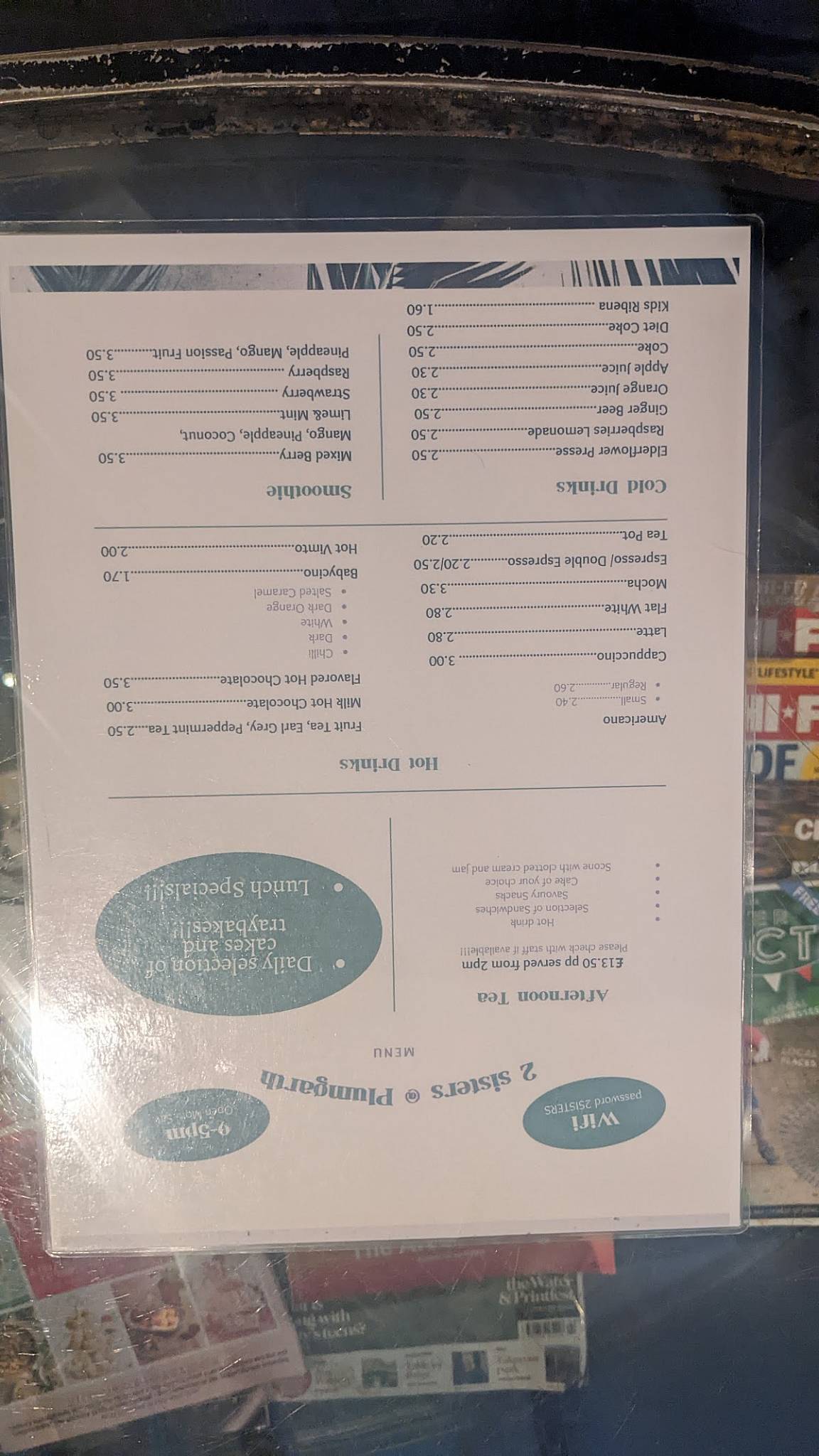Menu at 2 Sisters Cafe at Plumgarths, Kendal
