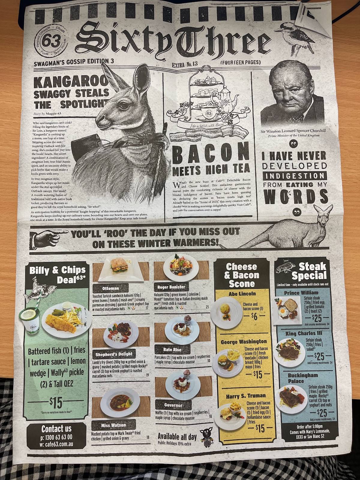 Menu at Cafe 63, East Brisbane, Stanley St E