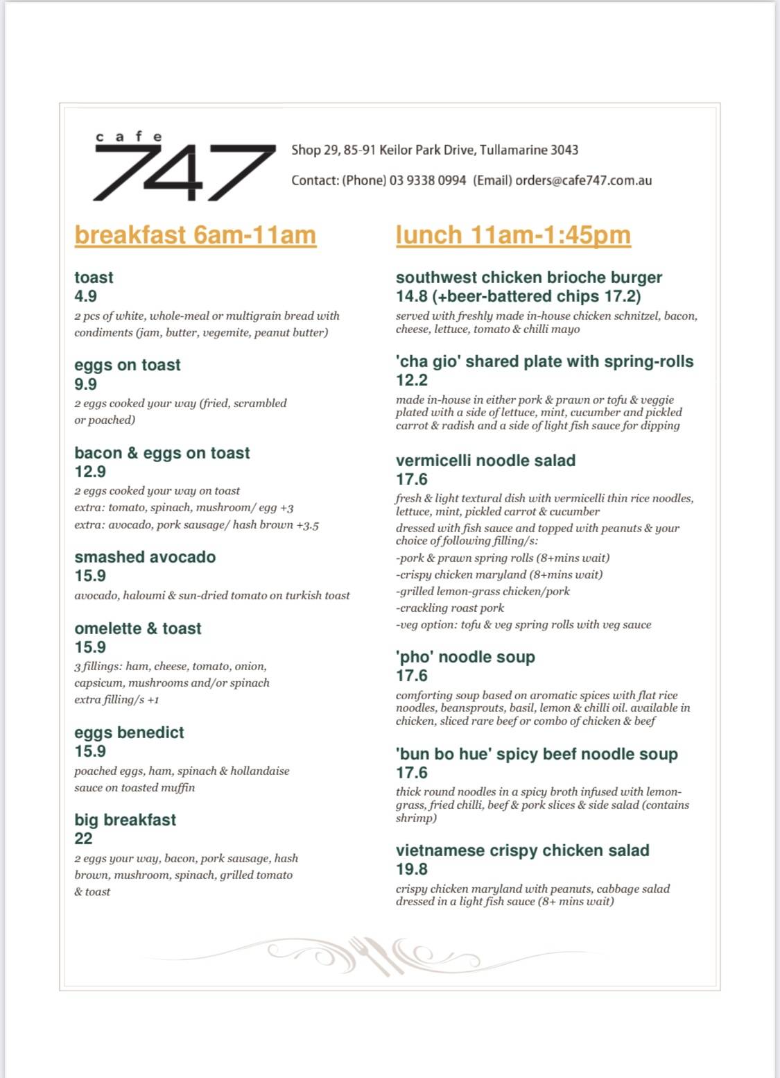 Menu at Cafe 747, Tullamarine