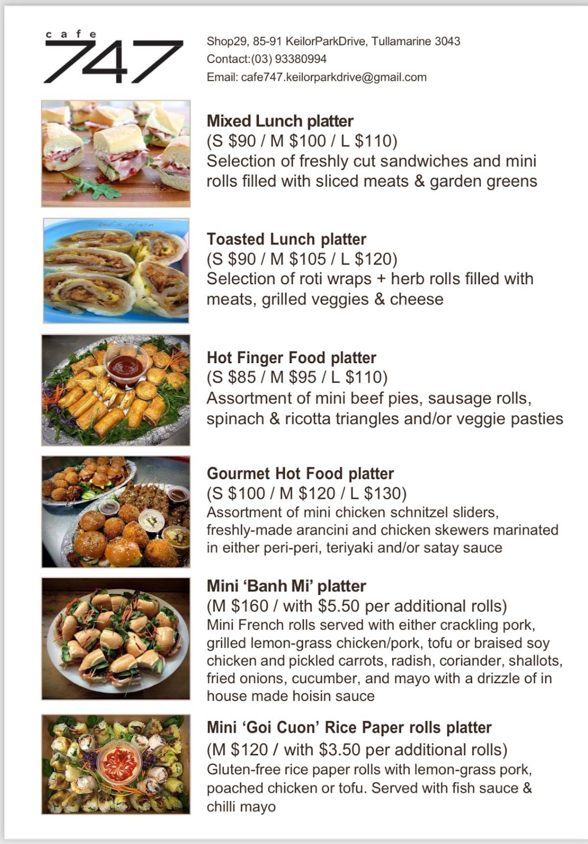 Menu at Cafe 747, Tullamarine