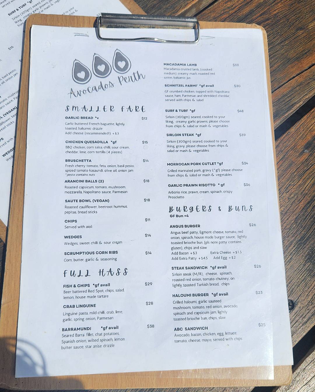 Menu at Avocados Bar & Café, Kelmscott