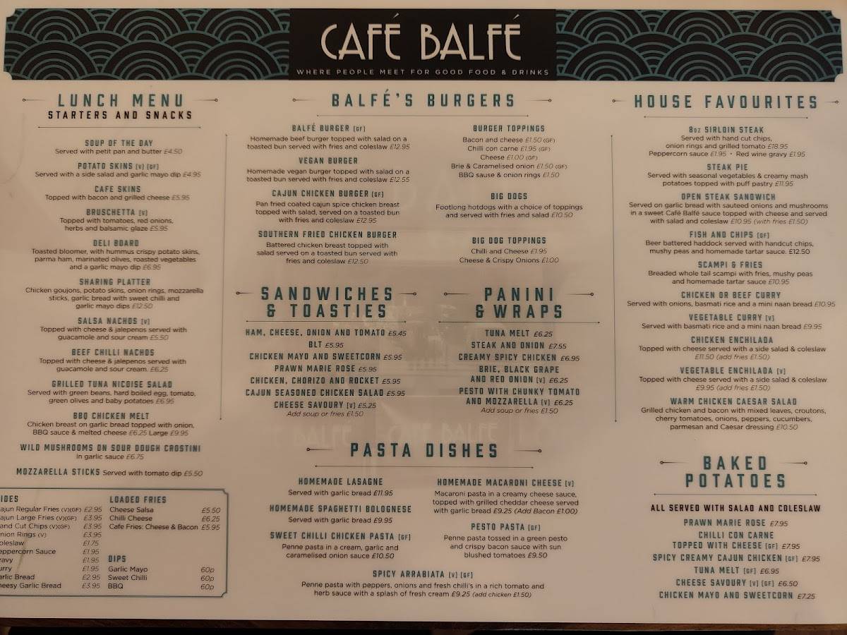 Menu at Cafe Balfe, Greenock
