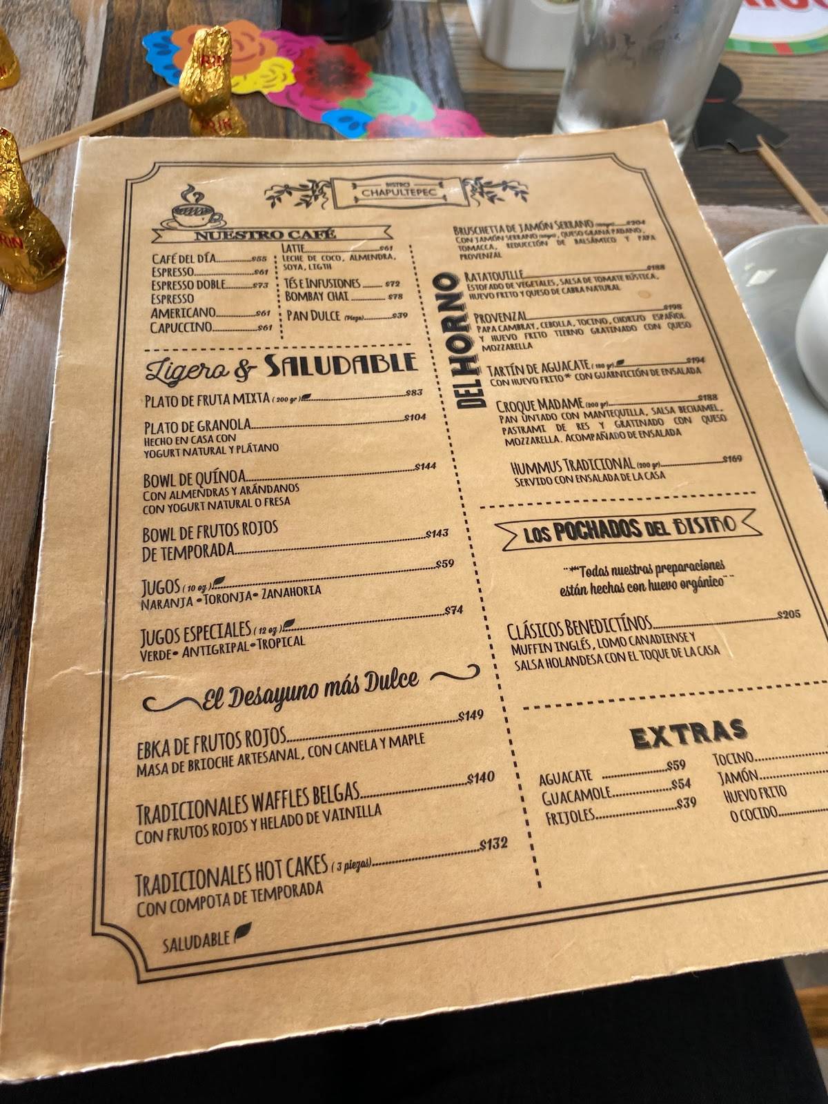 Menu at Bistró Chapultepec restaurant, Ciudad López Mateos, Calle Lago ...