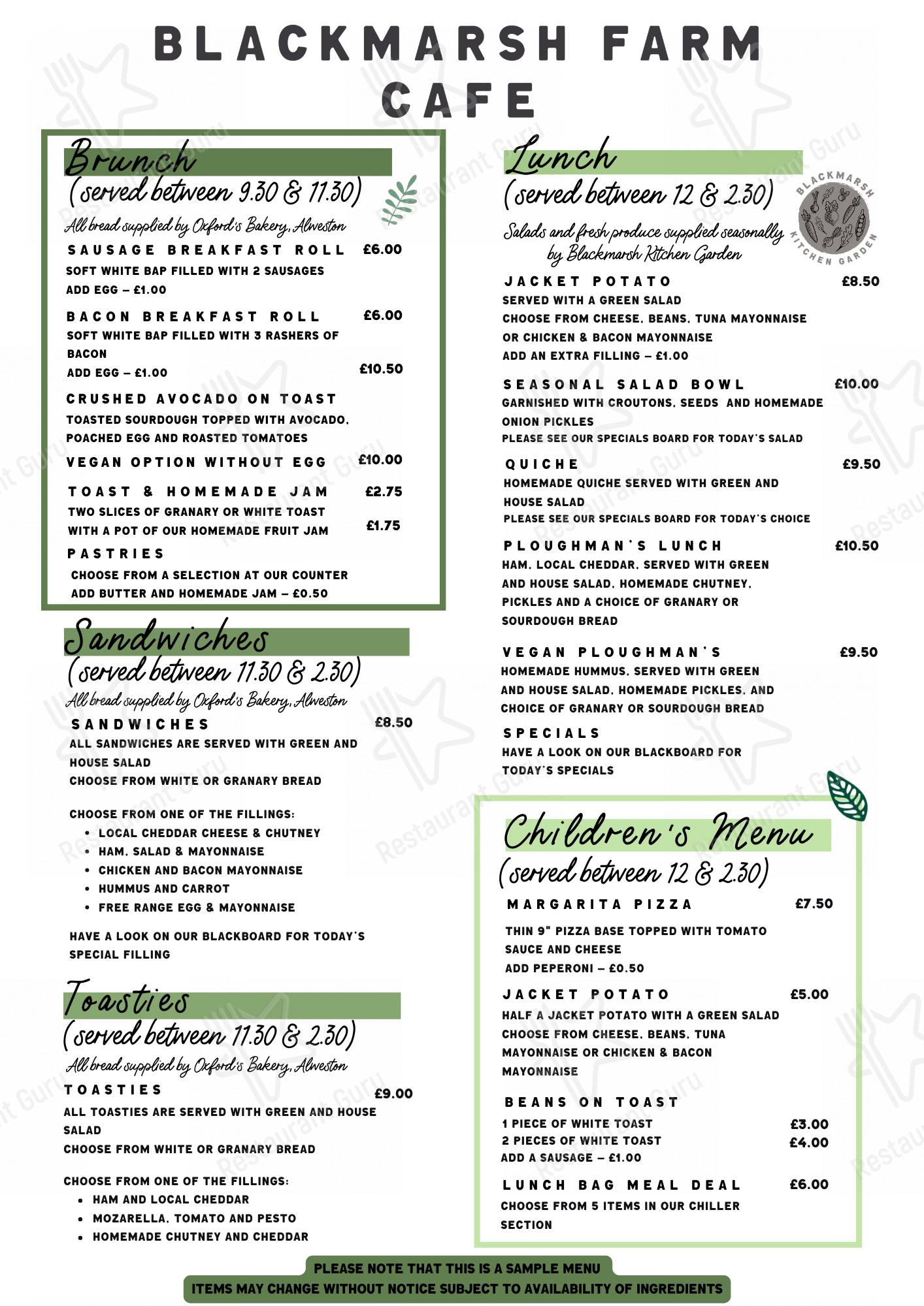 Menu at Blackmarsh Farm, Shop and Café cafe, Sherborne