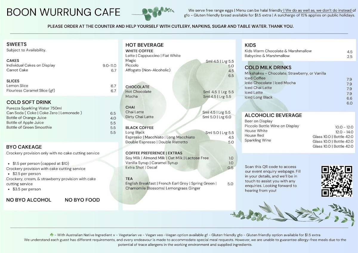 Menu at Boon Wurrung Cafe, Cranbourne