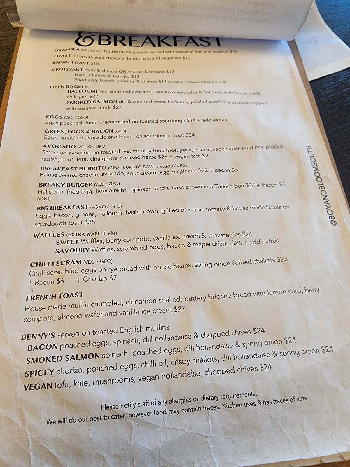 Menu at Boy & Bloom South cafe, Port Noarlunga South