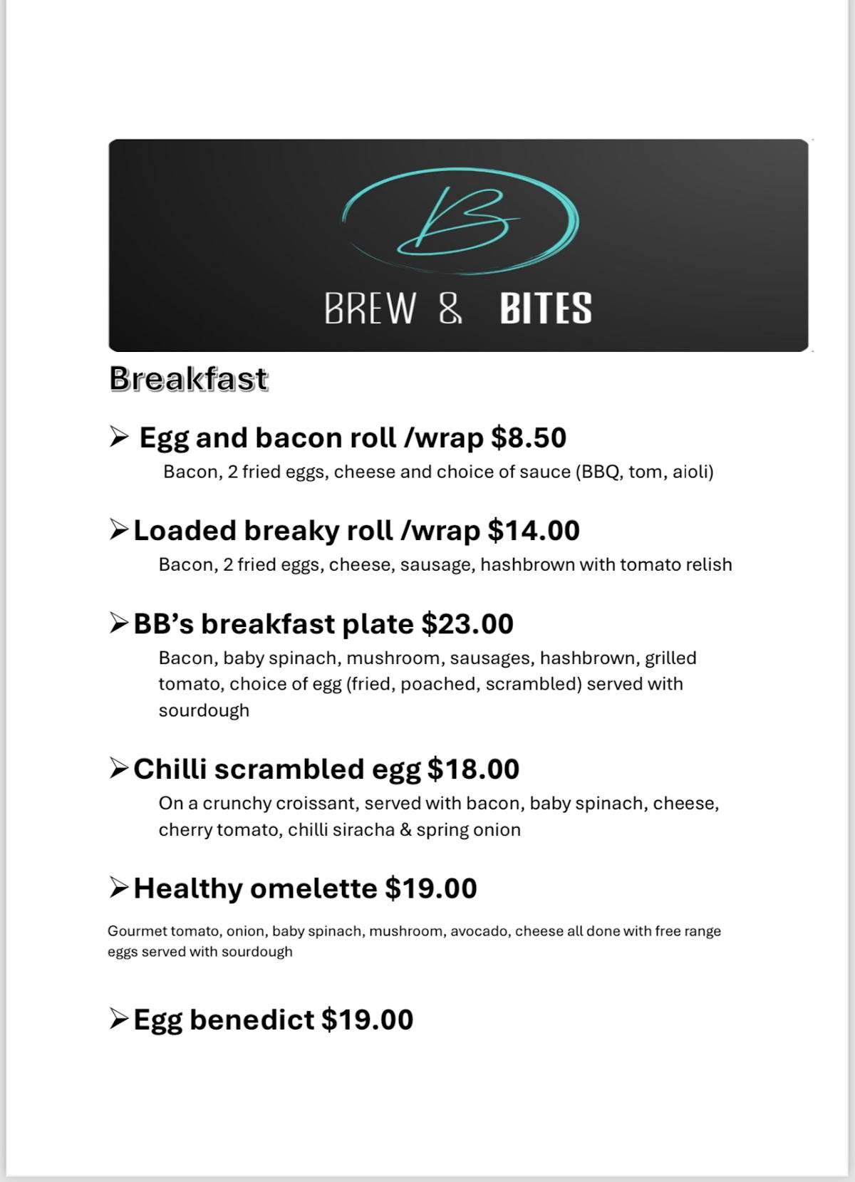 Menu at Brew and bites cafe, Surry Hills