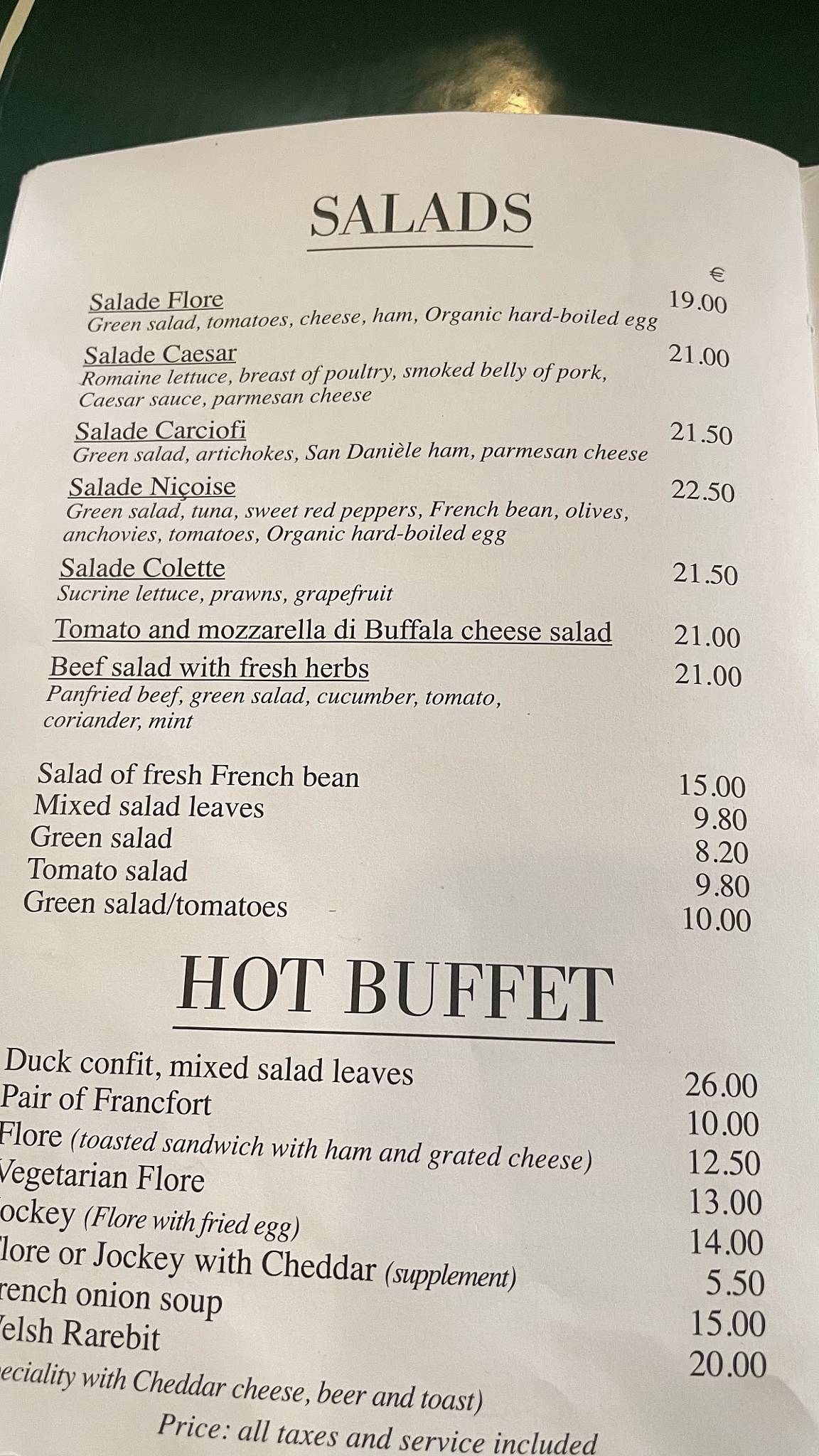Menu at Café de Flore, Paris, 172 Bd Saint-Germain