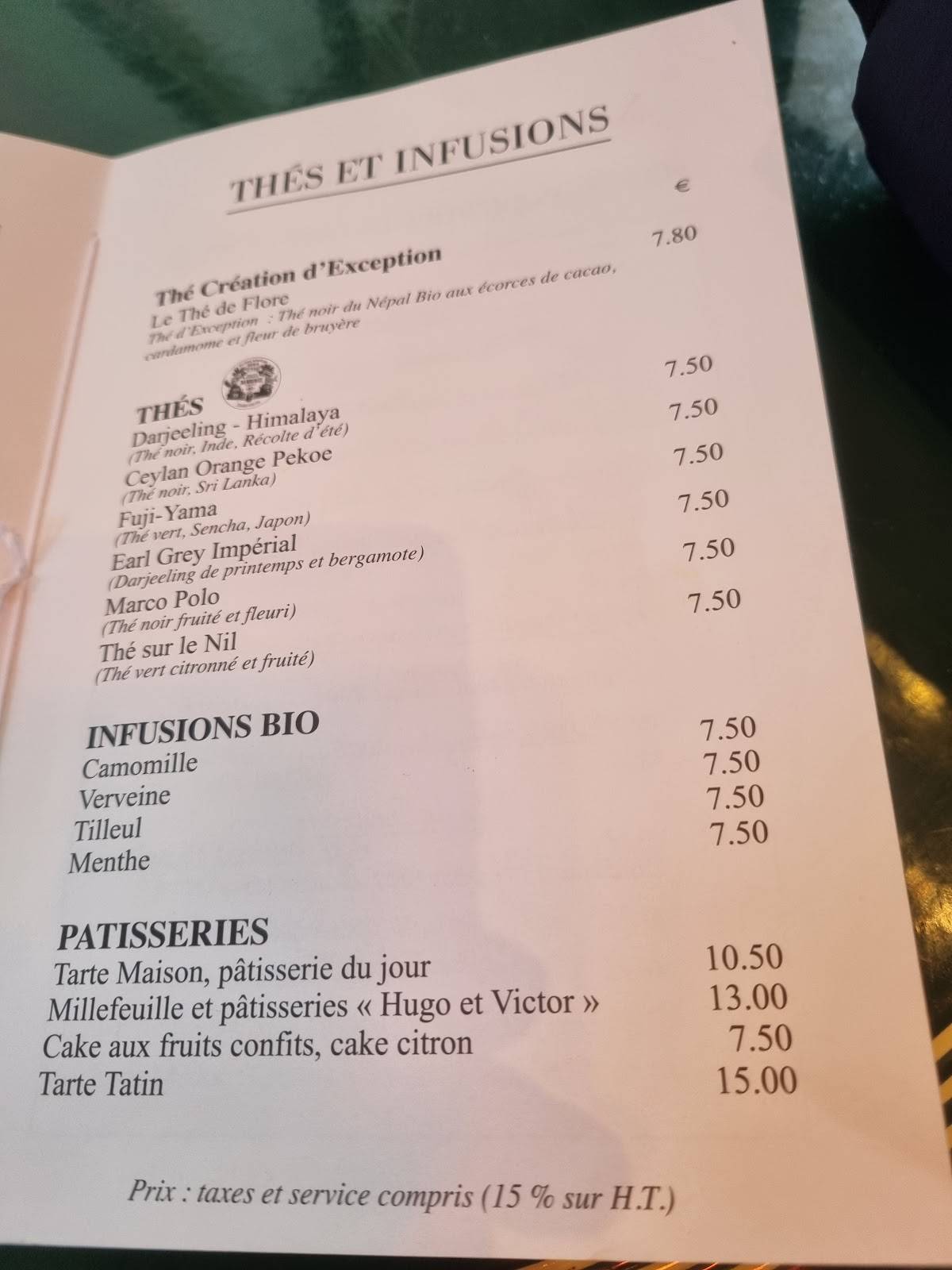 Menu at Café de Flore, Paris, 172 Bd Saint-Germain