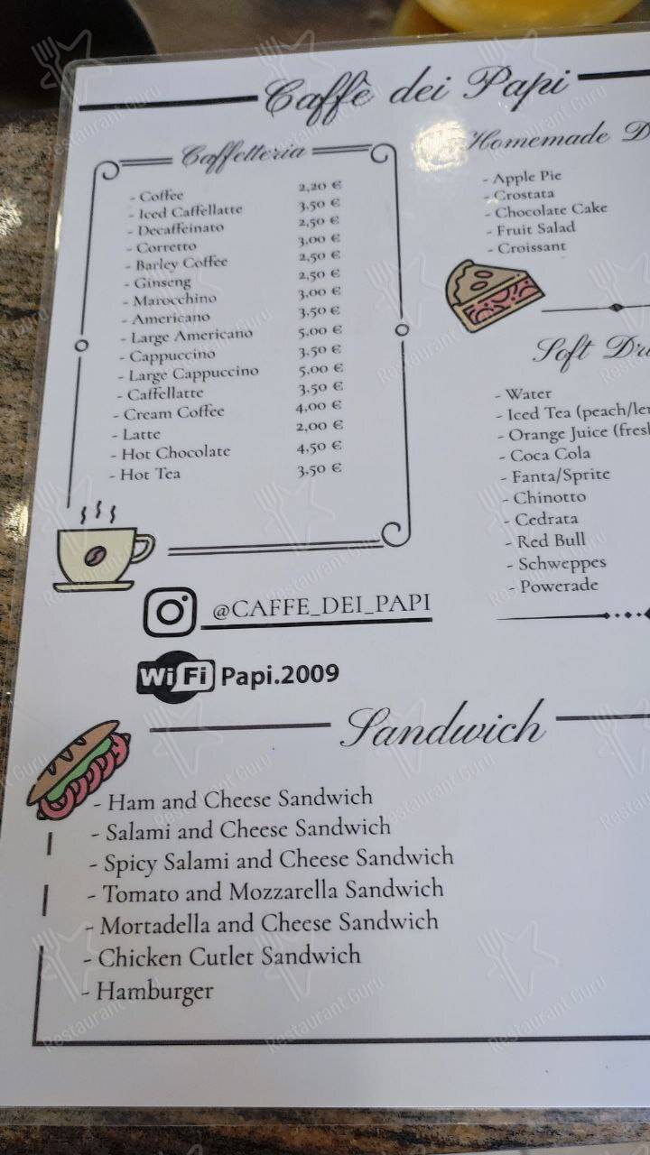 Menu at Caffe dei Papi cafe, Rome