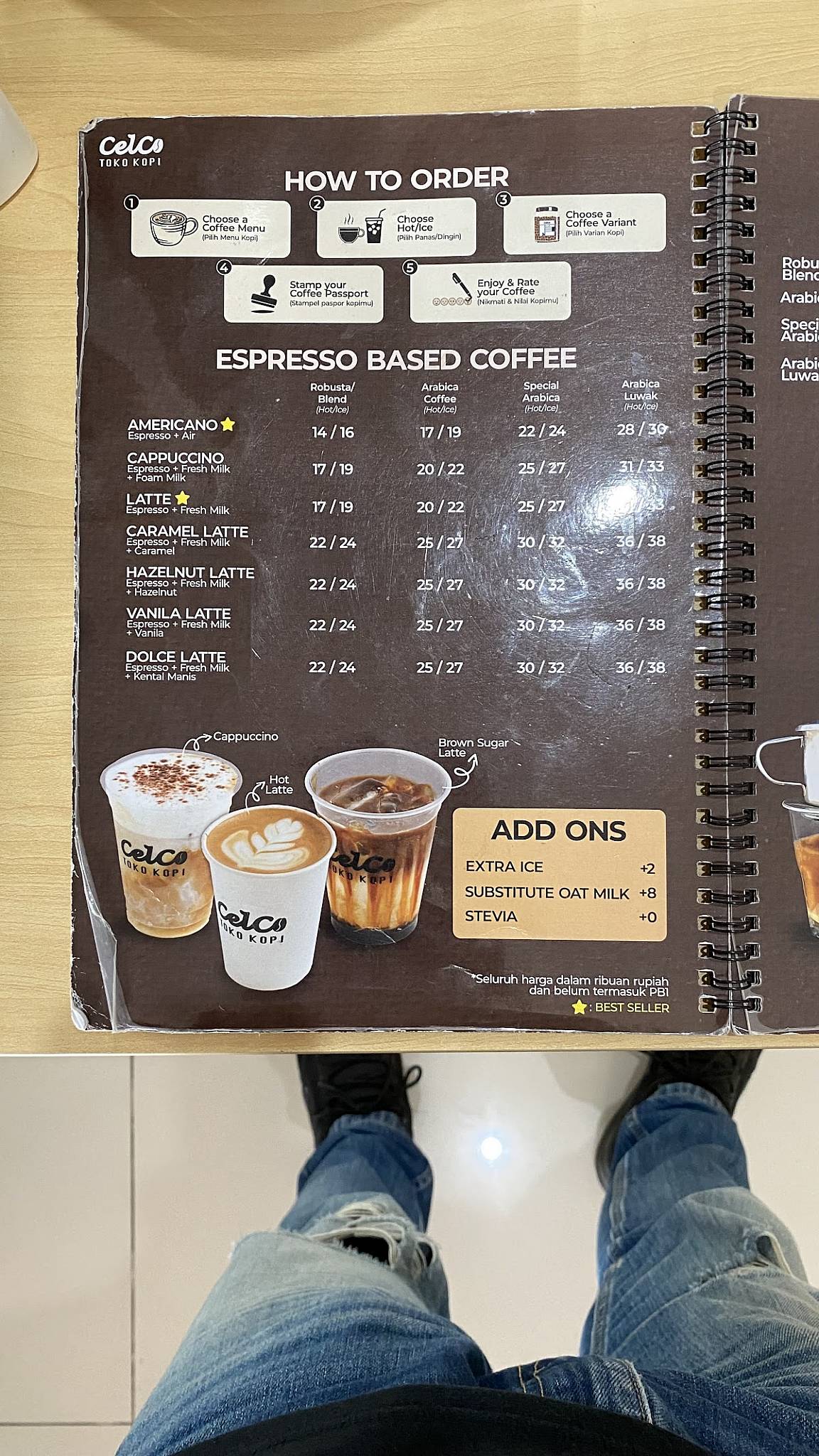 Carta del café Celco Toko Kopi, Curug Sangereng