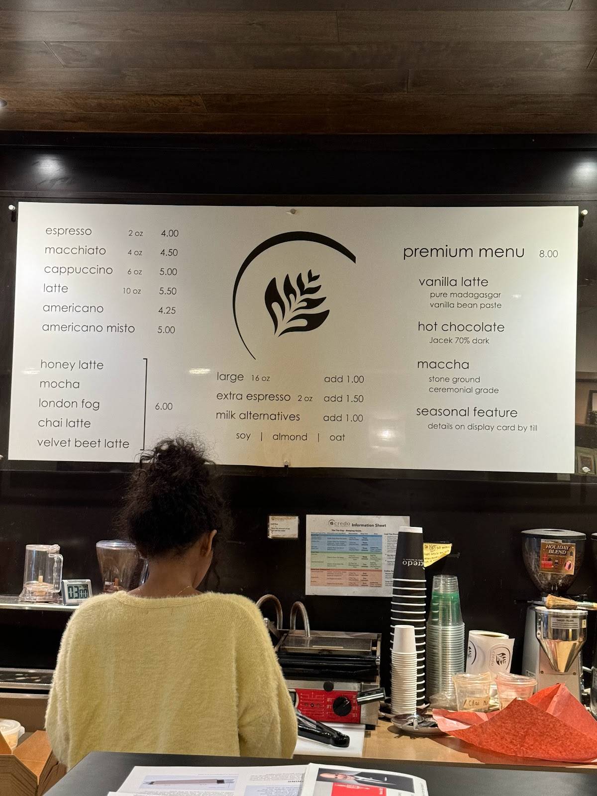Menu at Credo Coffee cafe, Edmonton, 104 St NW