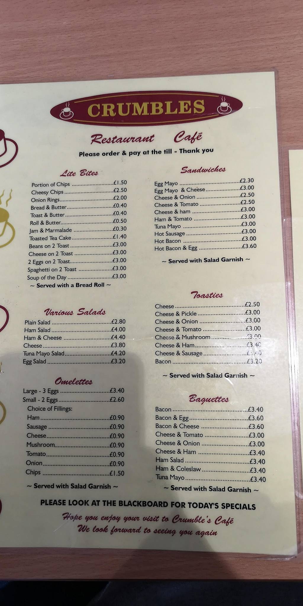 Menu at Crumbles cafe, Poole