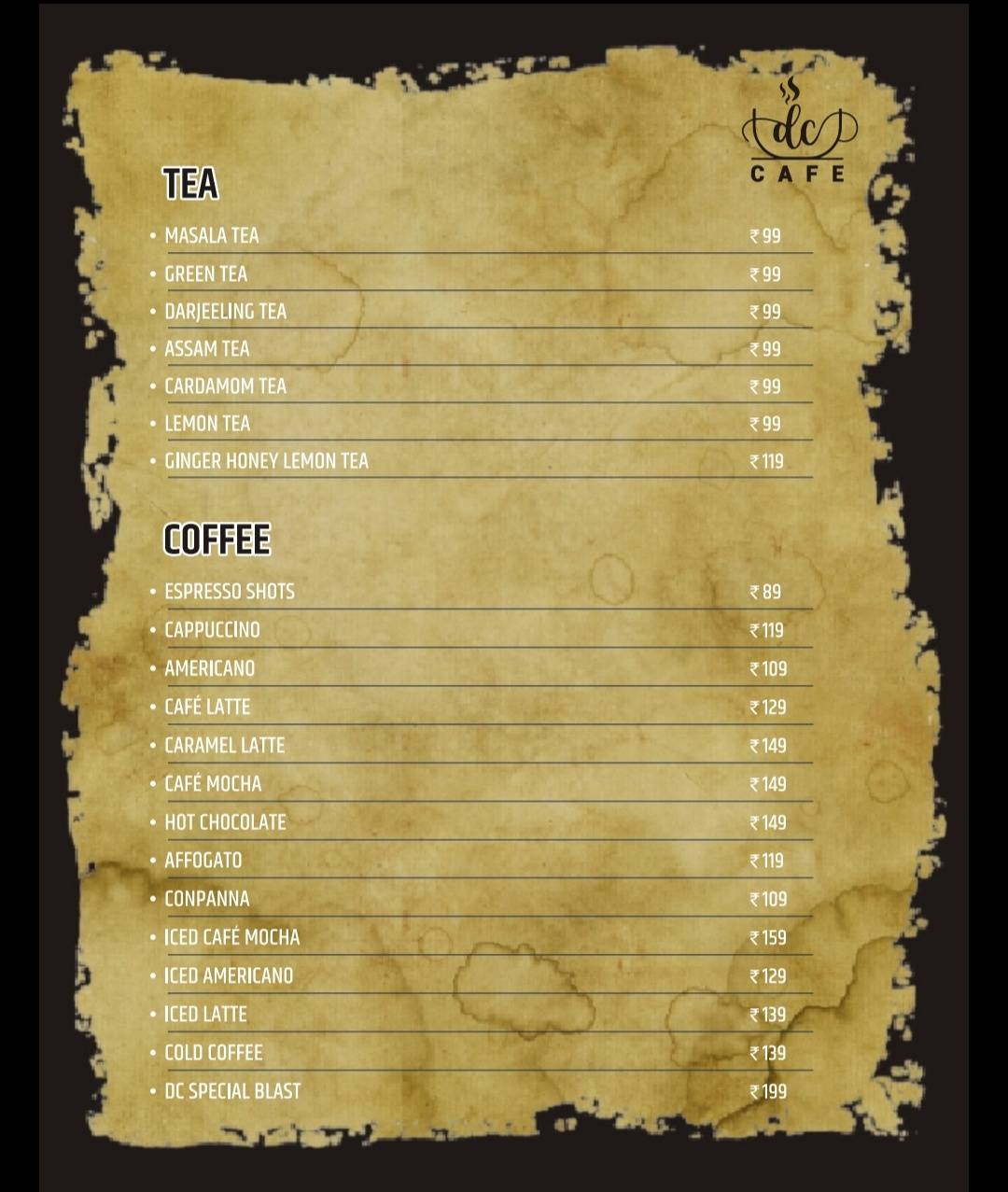 Menu at DC Cafe, Patna