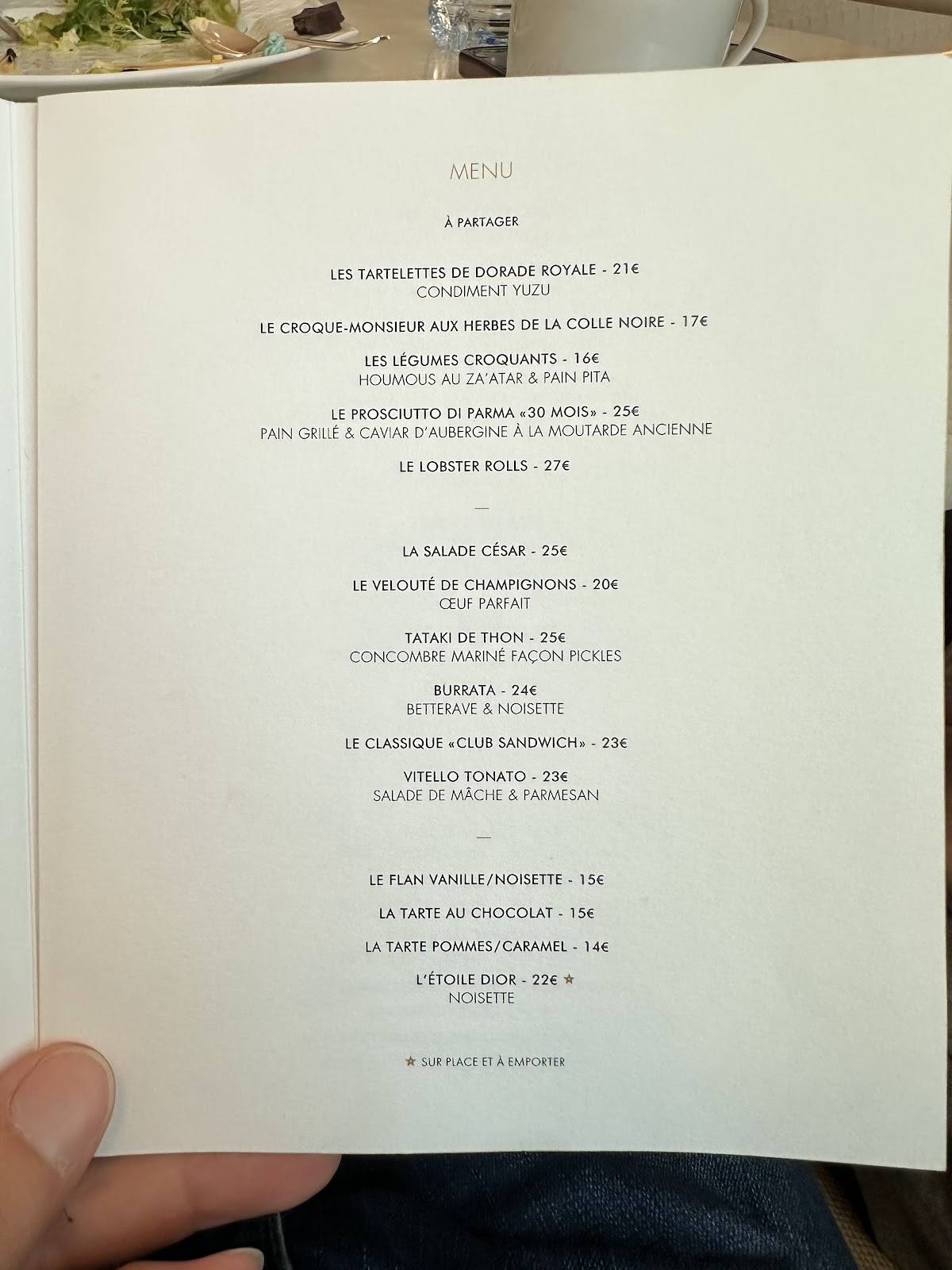 Menu au Café Dior, Paris, 11 Rue François 1er