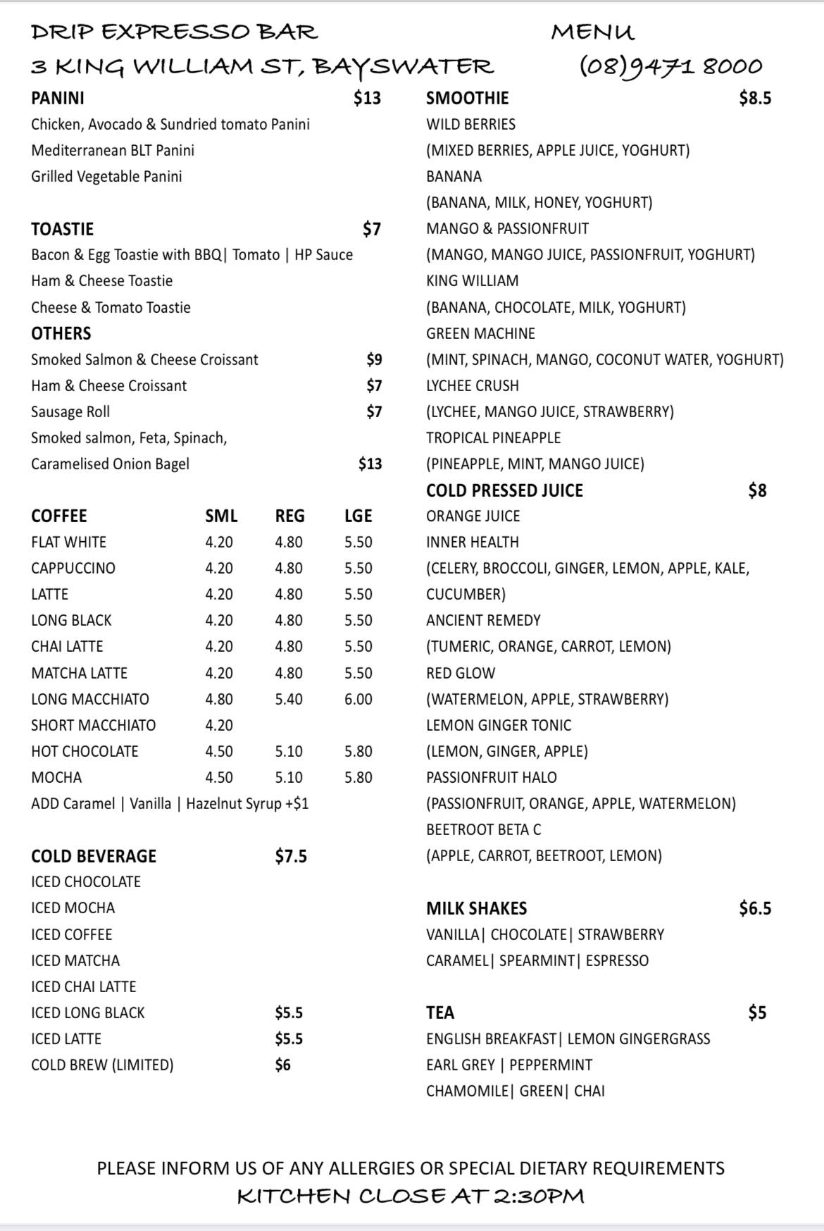 Menu at Drip Expresso cafe, Bayswater