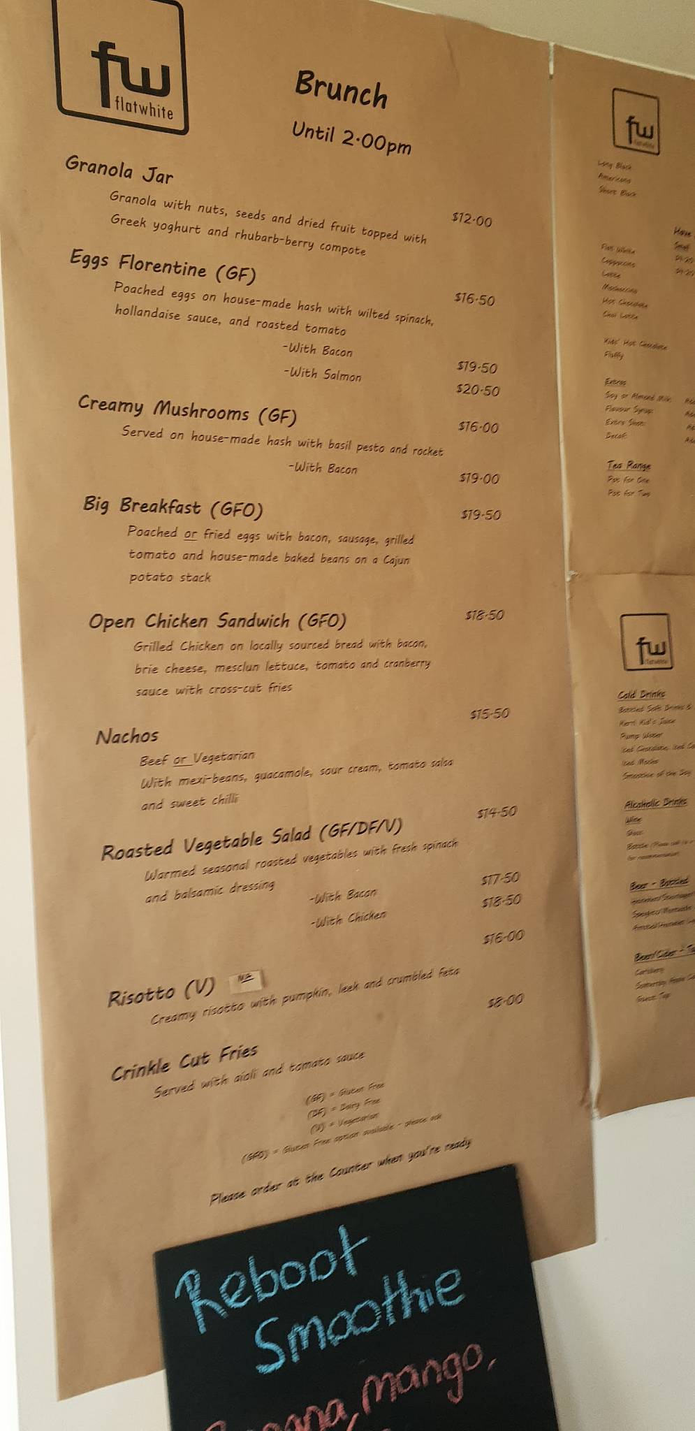 Menu at Flat White Cafe Bar, Pegasus