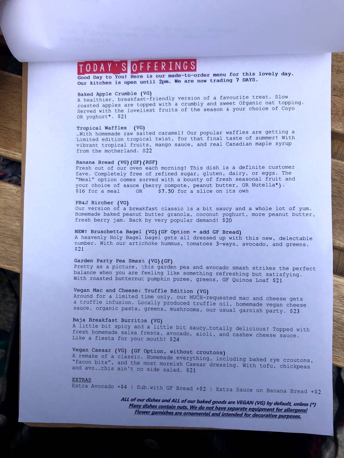 Menu at Flora & Fauna cafe, Perth