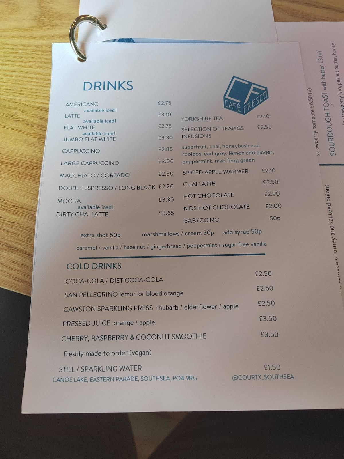 Menu at Café Fresco cafe, Portsmouth